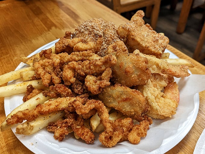 A mountain of perfectly breaded seafood that makes you wonder why you ever bothered with fancy restaurants.