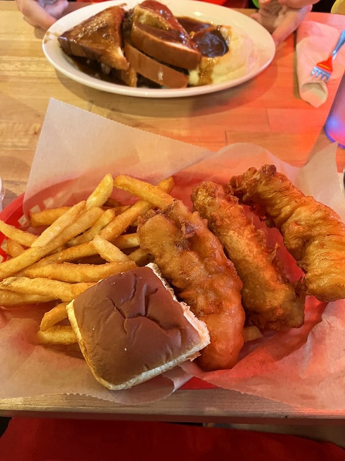 The French toast upstairs is living its best life, but those golden-battered fish fillets below are the real showstoppers. Crispy outside, flaky inside&mdash;the diner seafood of dreams.