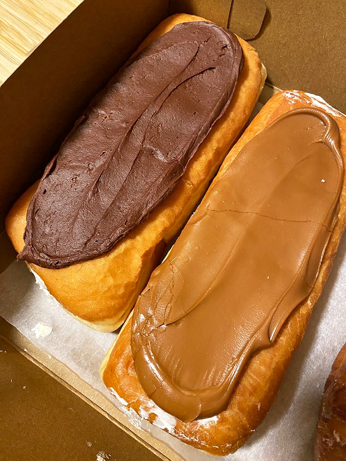 Long johns that could double as edible gold bars&mdash;the chocolate and caramel toppings glistening with promises they absolutely intend to keep.