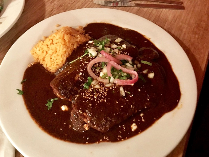 Mole sauce so dark and mysterious it could star in its own film noir. The sesame seeds add both texture and a plot twist.