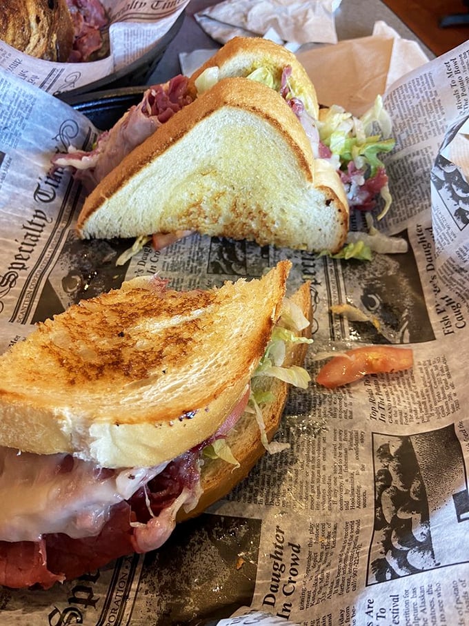 The newspaper isn't just for reading &ndash; it's the perfect canvas for this grilled masterpiece. Notice how the cheese is making a break for freedom? That's confidence.
