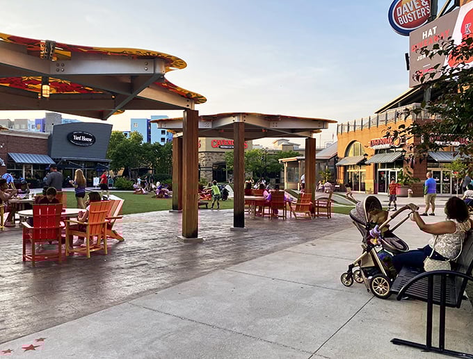 The outdoor gathering spaces at Legends offer a moment of retail reprieve. Shopping is a marathon, not a sprint&mdash;pace yourself accordingly!