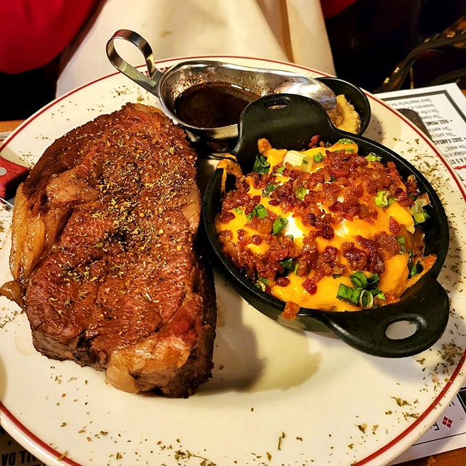 The marriage of prime rib and loaded potato &ndash; a union more perfect than most Hollywood romances. That bacon-topped spud deserves its own fan club.