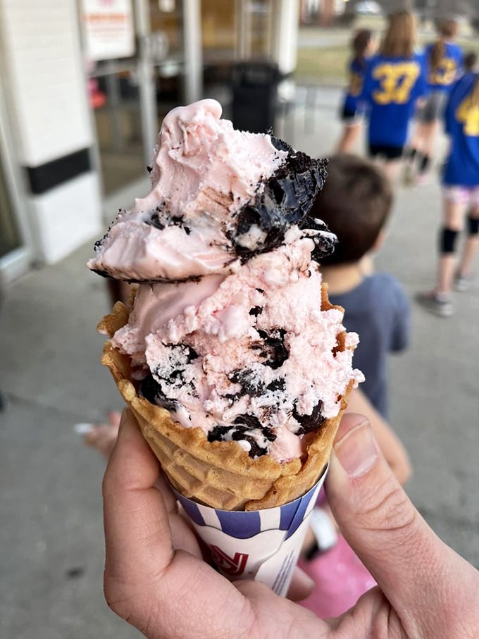 Pink ice cream meeting crunchy chocolate cookies&mdash;a romance story more compelling than anything Hollywood's produced lately. The cone's just the supporting actor in this delicious drama.
