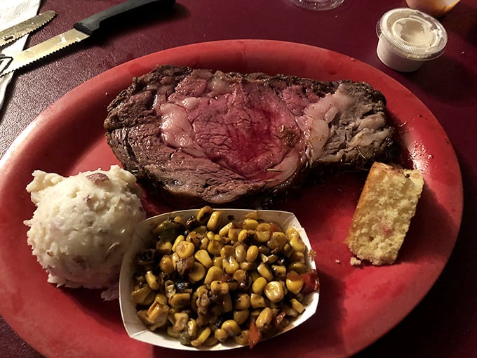 The kind of prime rib that makes you want to cancel all afternoon plans. Mashed potatoes and corn medley playing perfect supporting roles.