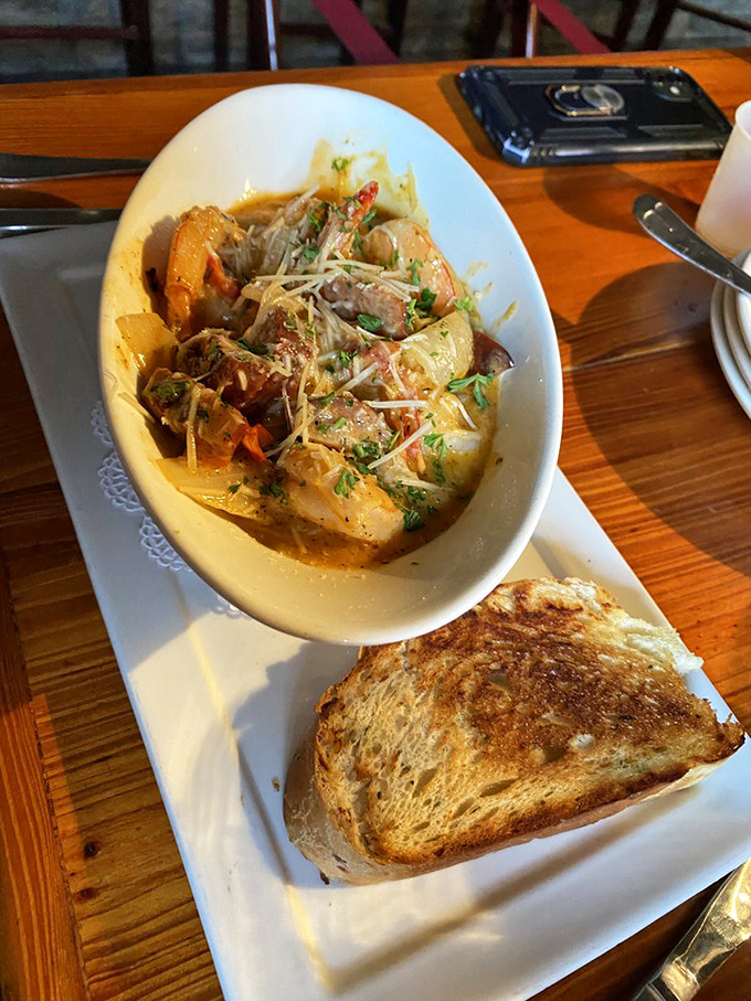 Georgia shrimp nestled in their savory broth with crusty bread standing by&mdash;nature's perfect design for sopping up every last delicious drop.