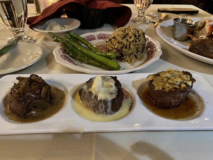 The Filet Mignon Trio: three different preparations that make you wonder if this is what the founding fathers fought for—freedom of delicious choice.