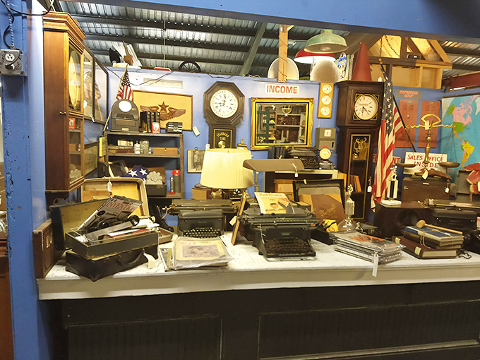 An office frozen in time, where vintage typewriters and rotary phones await the touch of fingers that once knew their rhythms by heart.