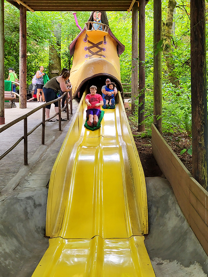 A classic shoe slide proves simple pleasures still deliver the biggest smiles. Who needs virtual reality when you've got gravity and a burlap sack?