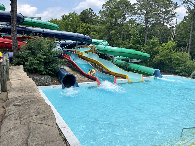 A rainbow of water slides empties into crystal blue waters, creating that perfect symphony of splashes and squeals that defines summer.