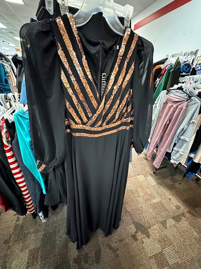 From bargain bin to gala-ready in one scoop! This sequined dress proves that treasure hunting isn't just about gadgets and gizmos.