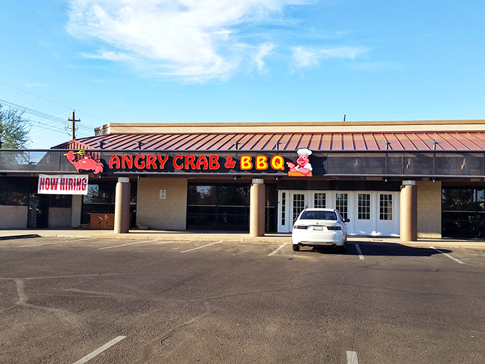 The Angry Crab sign promises exactly what you'll get&mdash;bold, unapologetic seafood that demands to be noticed. Prepare for a delicious mess!