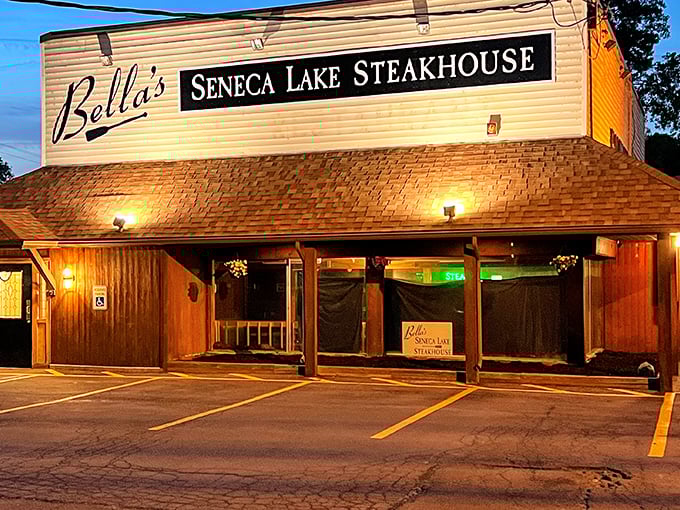 When night falls on Bella's Seneca Lake Steakhouse, that glowing sign becomes a lighthouse for the gloriously beef-obsessed.
