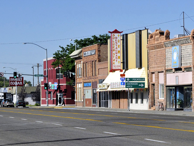 Blackfoot's wide main street offers plenty of room to breathe, with historic buildings standing proud against Idaho's big blue sky.