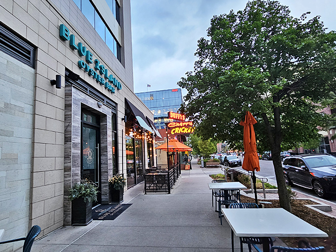 Blue Island's sleek facade brings a touch of coastal sophistication to Denver. Those turquoise letters promise a taste of the ocean in Cherry Creek.