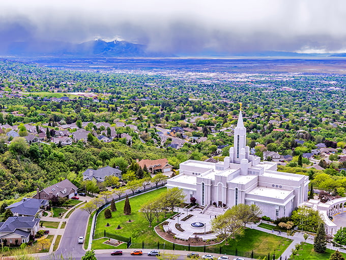 Bountiful's tree-lined neighborhoods spread across mountain benches with Salt Lake Valley views stretching for miles. 