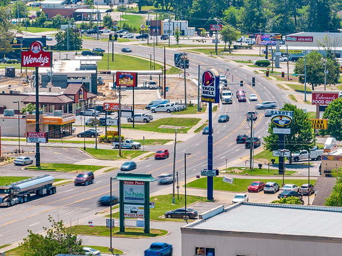 Is that a horse-drawn wagon? Bryant shows its roots even as modern conveniences pop up all around.