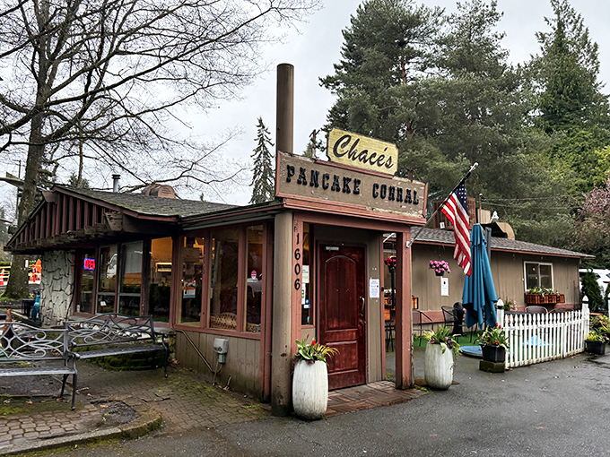 This rustic pancake corral looks like it wandered out of a storybook and decided breakfast was its happy ending.