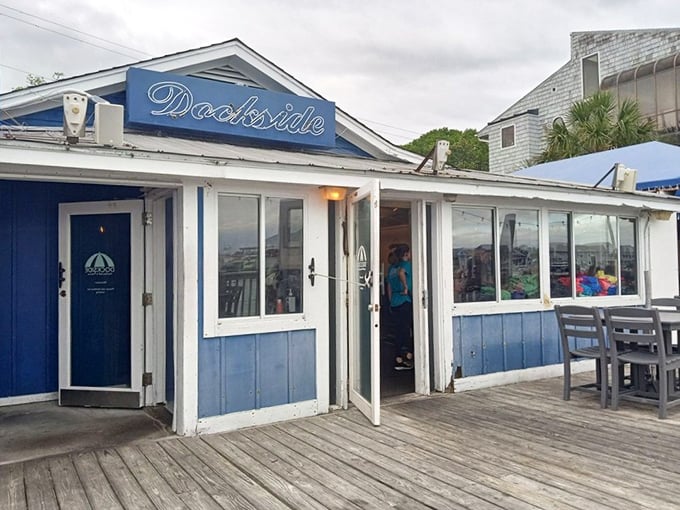 Dockside Restaurant: That blue exterior isn't just a color choice&mdash;it's a preview of the ocean-fresh flavors waiting inside this waterfront gem.