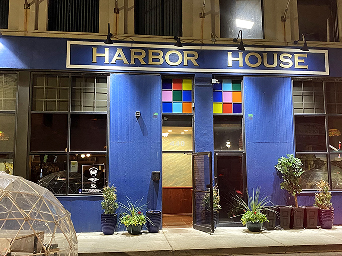 Harbor House's vibrant blue exterior pops against Detroit's urban landscape like a sapphire in a treasure chest.
