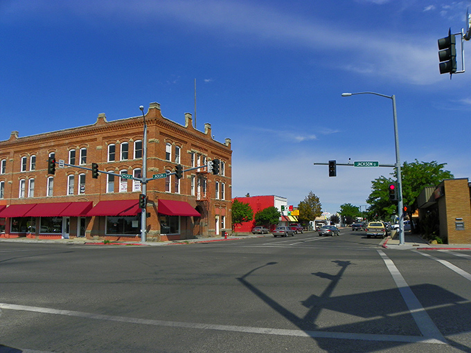 Mountain Home's tree-lined street offers shade and small-town serenity, where pickup trucks park alongside buildings old enough to tell tales.