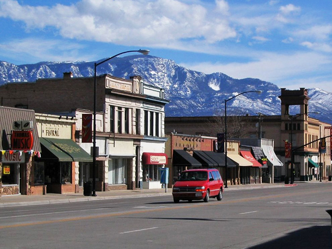 Richfield's main street could be a time machine to simpler days, with those mountains standing guard in the distance.