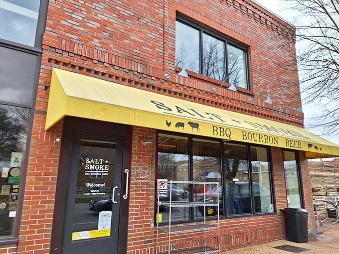 Salt + Smoke's bright yellow awning stands out like sunshine against brick. BBQ joint with seafood skills? Count me in!