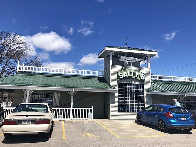 Salty's nautical-themed building stands out like a lighthouse for hungry sailors. That shark on top practically winks at you!