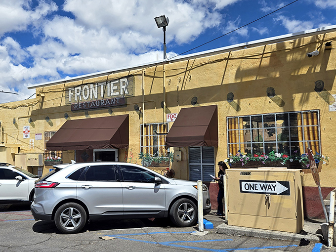 The Frontier's humble yellow exterior hides breakfast treasures within. Like a good book, it's what's inside that counts.