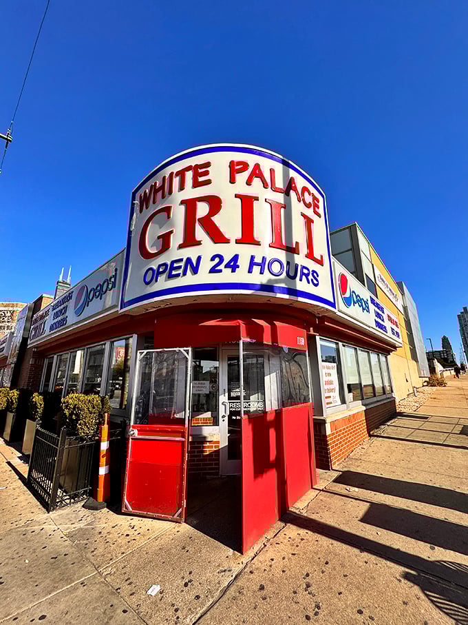 The White Palace Grill's iconic corner entrance has witnessed countless late-night adventures. Chicago's 24-hour answer to "I'm hungry!"