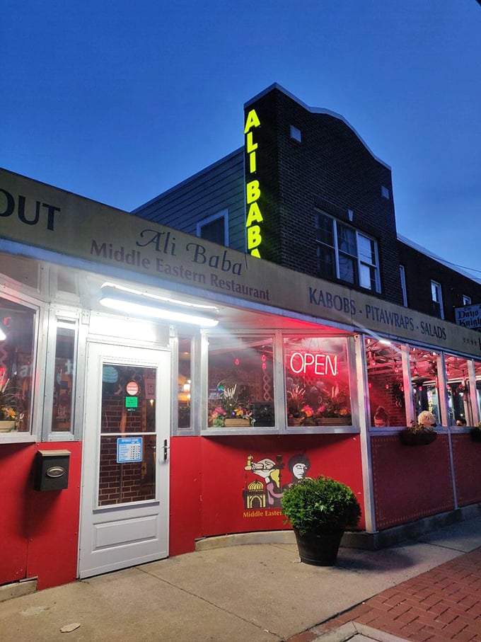 By night, Ali Baba's glowing sign becomes a beacon for hungry adventurers seeking authentic Middle Eastern cuisine in the heart of Delaware.