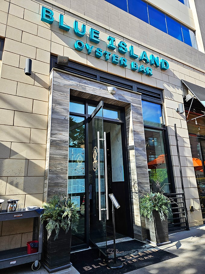 Modern design meets timeless seafood traditions at Blue Island. The entrance feels like a portal to some exclusive East Coast oyster club.