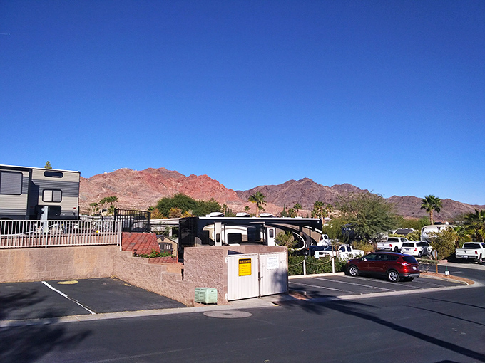 Red mountains frame Boulder City like nature's own theater curtains, setting the stage for desert adventures.