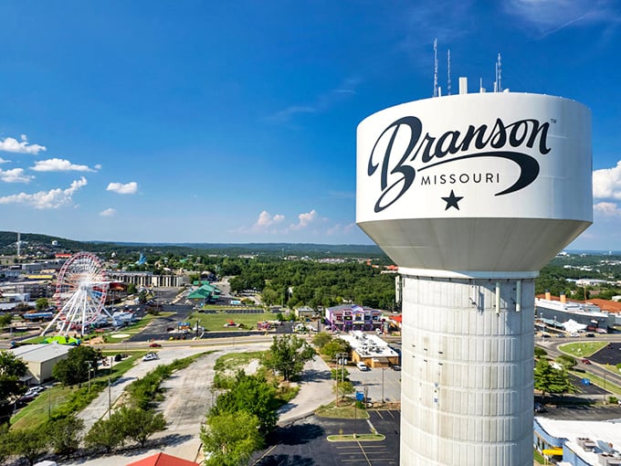 Branson's iconic water tower stands tall against the Ozark sky, a landmark in a town where locals enjoy tourist attractions at hometown prices.