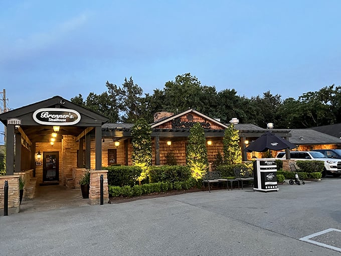 Evening lights transform this urban steakhouse into a magical dining garden worthy of a special celebration.