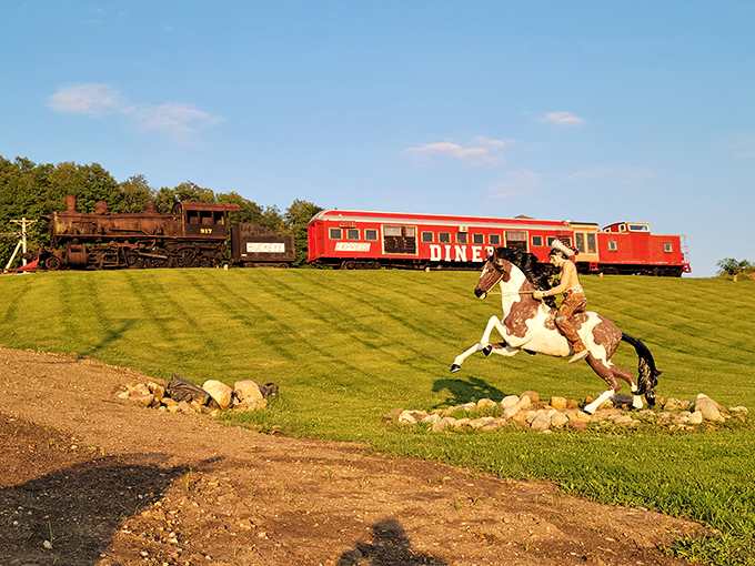 Giddy-up to this unique dining experience where trains and horses create the perfect roadside attraction for hungry travelers.