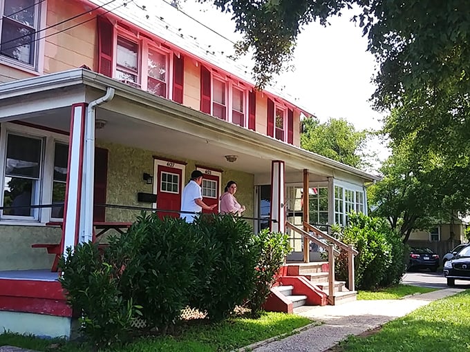 Cross Keys Diner (entrance): Red roof, welcoming entrance, and the promise of pancakes that could double as pillows. Breakfast bliss awaits!