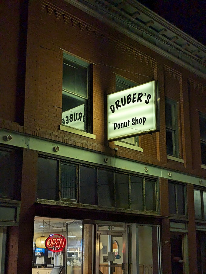 The illuminated sign at Druber's has guided hungry night owls for generations, like a sugary North Star of the Kansas plains.