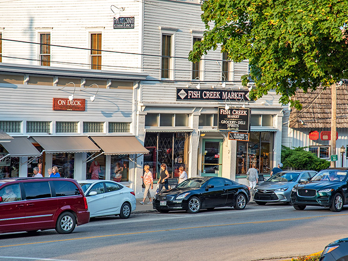 The sidewalks of Fish Creek offer a parade of shops where "add to cart" means actually carrying something in your hands. 