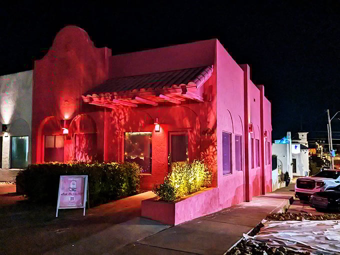 When the sun goes down, Flamingo Tiki's rosy glow transforms into an island oasis under Oklahoma stars.