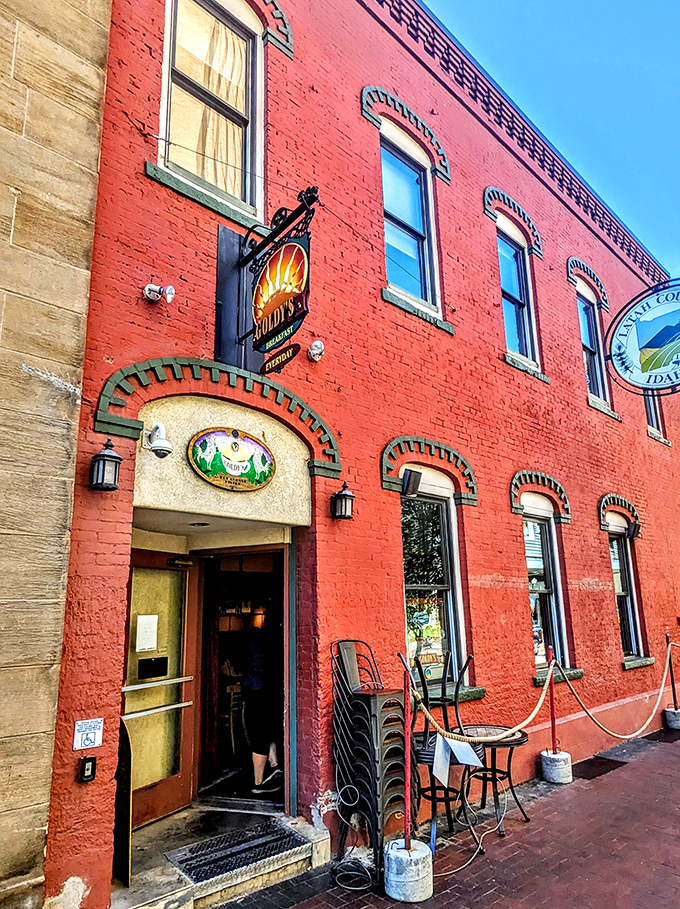 The bright red façade of Goldy's stands out like a breakfast rebel in downtown Boise, serving morning delights that make Monday feel like Saturday.