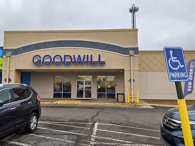 Blue signage, accessible entrance, and a world of bargains waiting inside. This Goodwill is thrifting at its most welcoming.