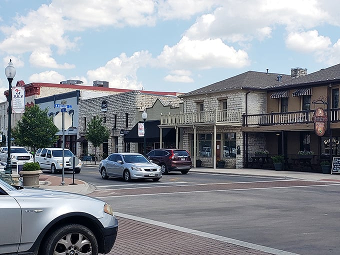 Sunlight bathes Granbury's stone buildings in golden light, a daily show that costs nothing but delivers million-dollar satisfaction.
