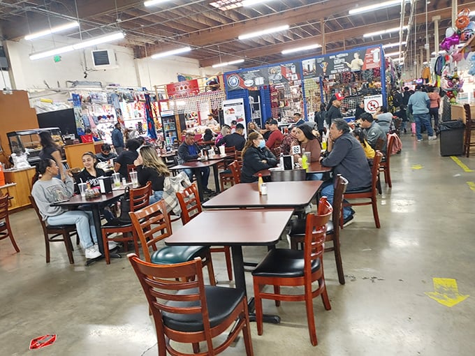 Hungry shoppers gather where food and finds collide. La Pulga Fantástica's dining area is where deal-hunting batteries get recharged!