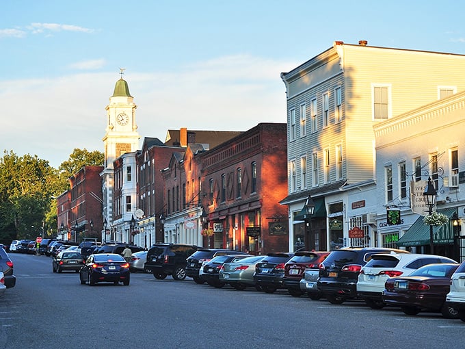 The town green in Litchfield offers a peaceful respite, with mature trees framing views of historic architecture.