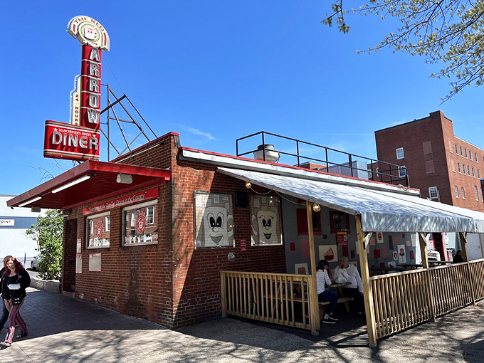 Classic brick exterior, vintage signage, and a sunny patio&mdash;the Red Arrow Diner serves nostalgia as a side with every meal.