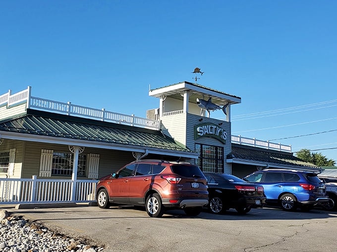 The maritime charm of Salty's exterior promises a seafood adventure without leaving Wisconsin. Those fish decorations aren't just for show!