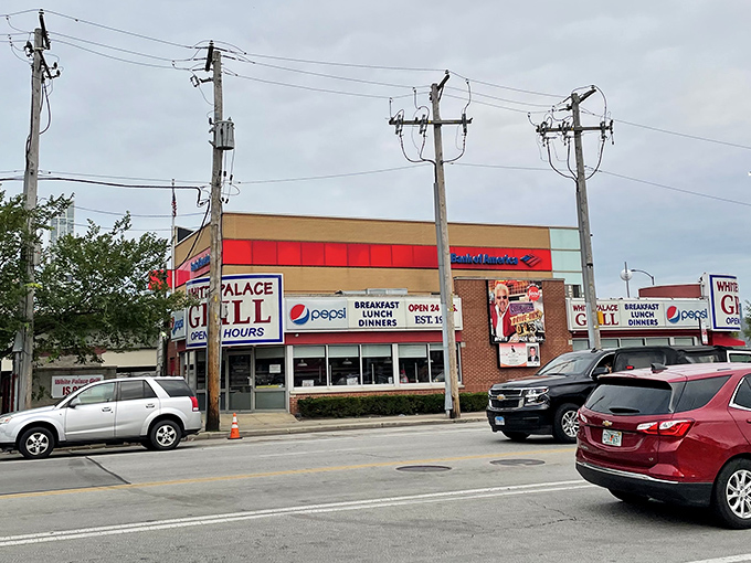 Where Chicago goes when hunger strikes at impossible hours. The White Palace Grill's sign glows like a culinary lighthouse!