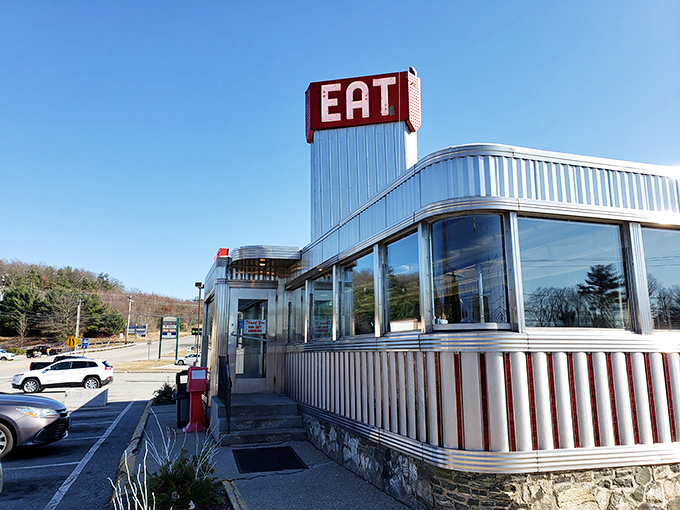 Zip's Diner entrance: "Chrome gleaming in the sunlight, classic 'EAT' sign beckoning&mdash;resistance is futile when breakfast perfection calls your name."