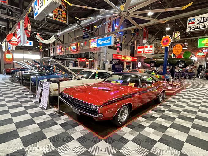 Dodge muscle cars lined up like colorful candy, each one representing Detroit's boldest "hold my beer" moments in engineering.